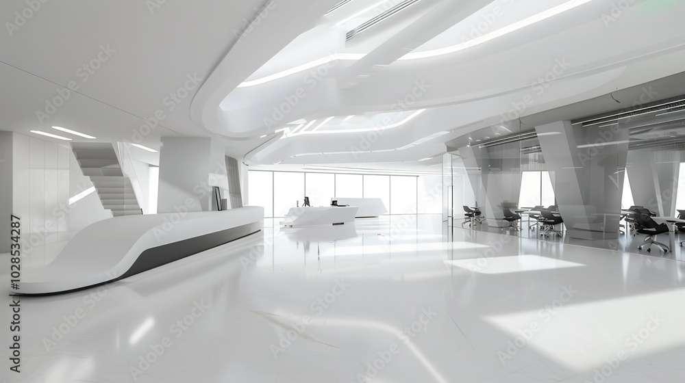 A modern office layout showcasing multiple workstations with sleek ...