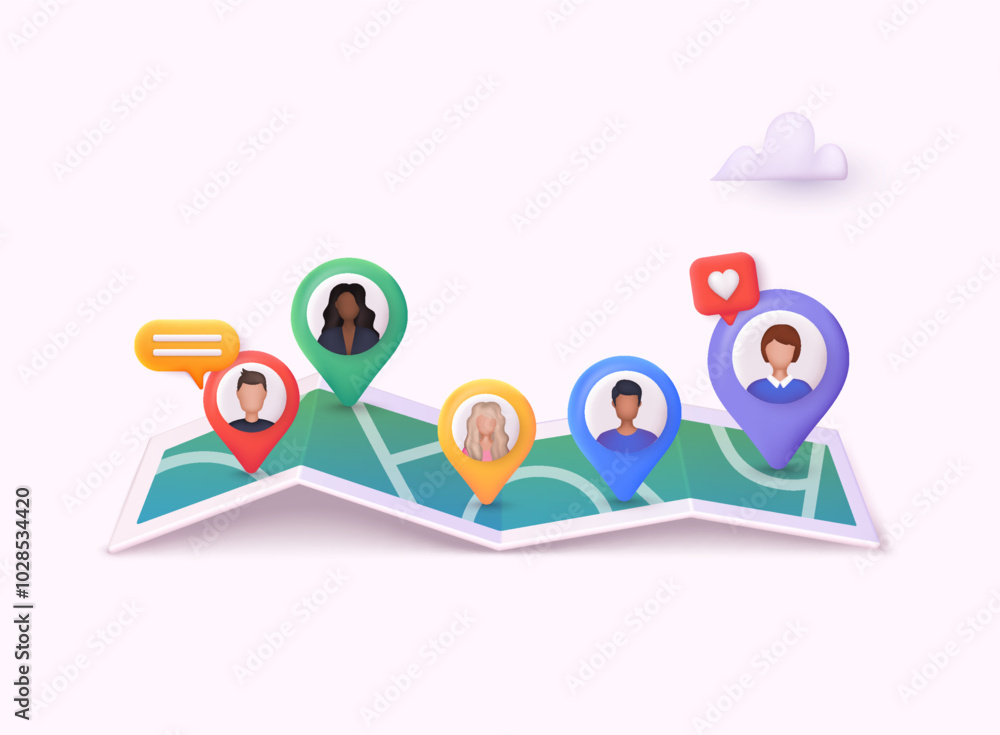 Map with pin and people avatar. People communicating concept. 3D Web ...