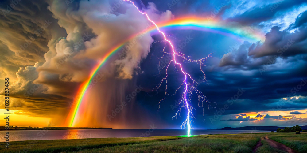 Rainbow splash and lightning, A dramatic scene where a rainbow-colored ...