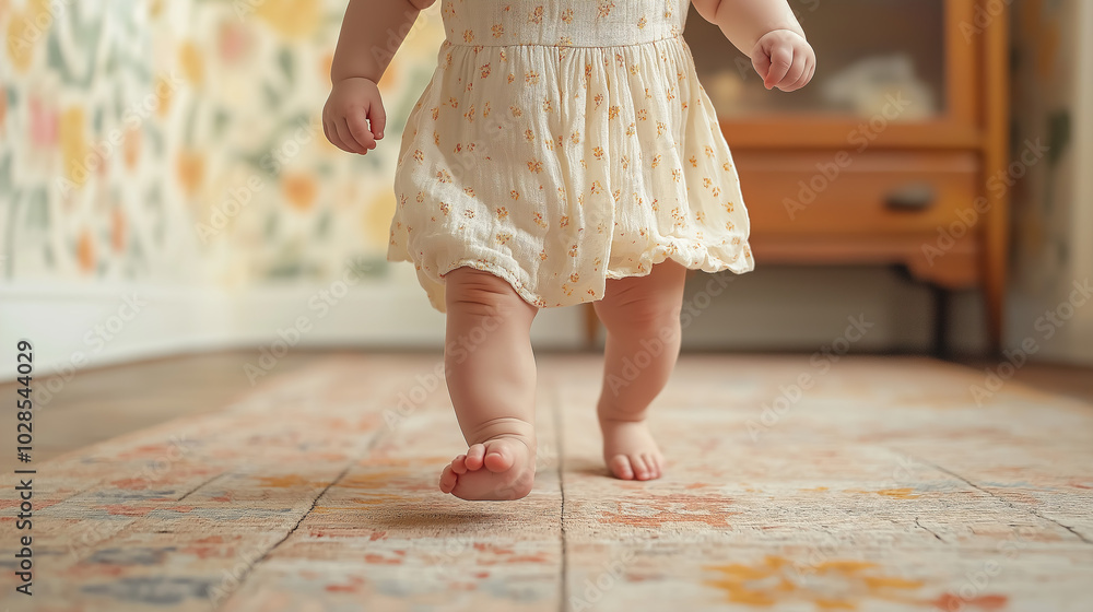 Baby is taking the first steps. happy family kid dream concept. Mom and ...