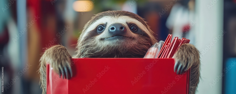 Adorable sloth peeking out from a red box with a curious look in a ...