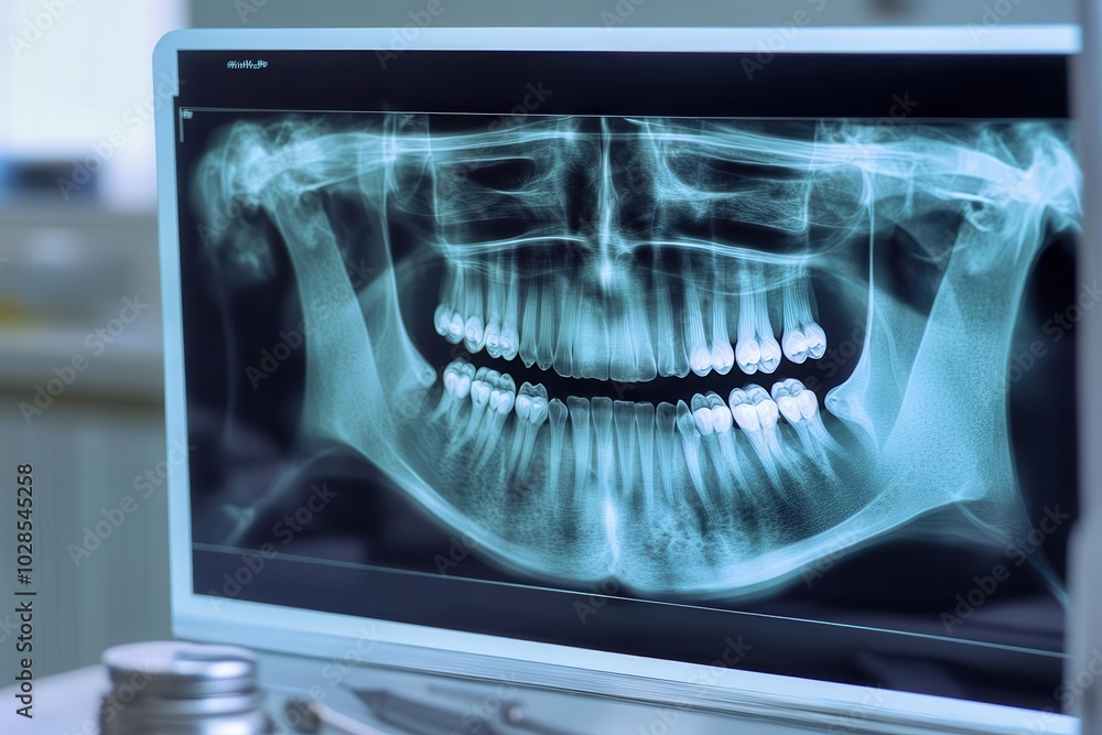 High-resolution X-ray of human jaw showing teeth and jawbone, medical ...