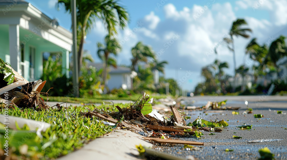 image depicts hurricane damage in suburban area, showcasing debris ...