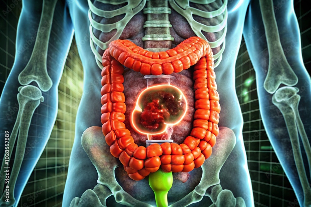 Detailed Medical Illustration of Human Digestive System with Intestines ...