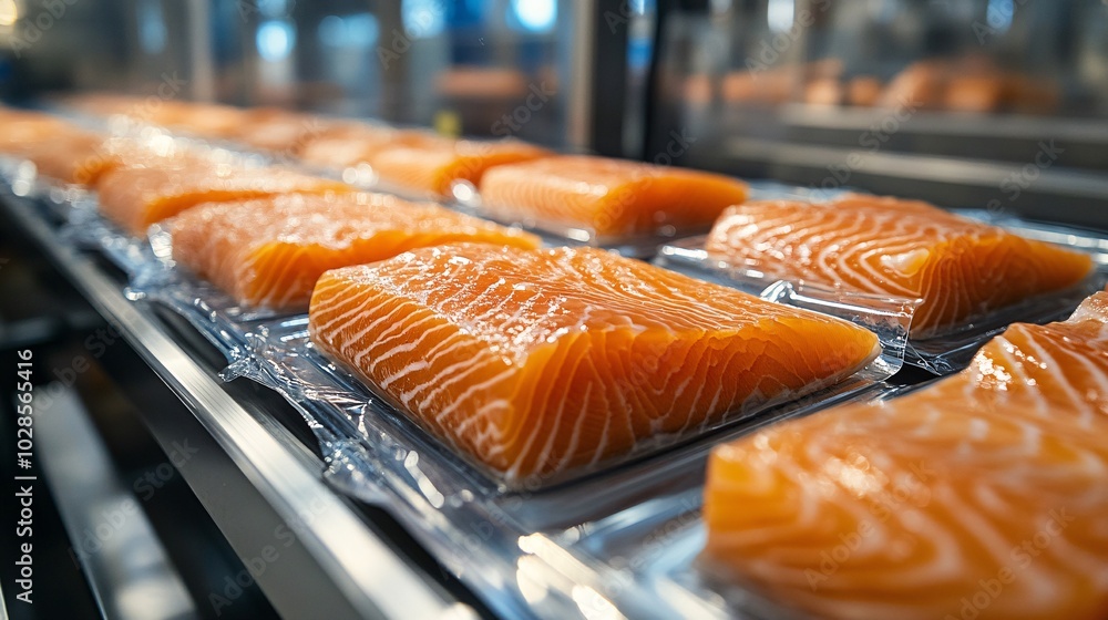 Vacuum-sealed salmon fillets in a modern food processing plant ...