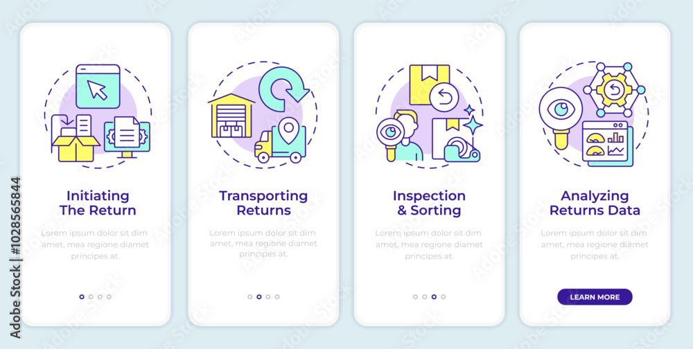 Stages of reverse logistics onboarding mobile app screen. Walkthrough 4 ...