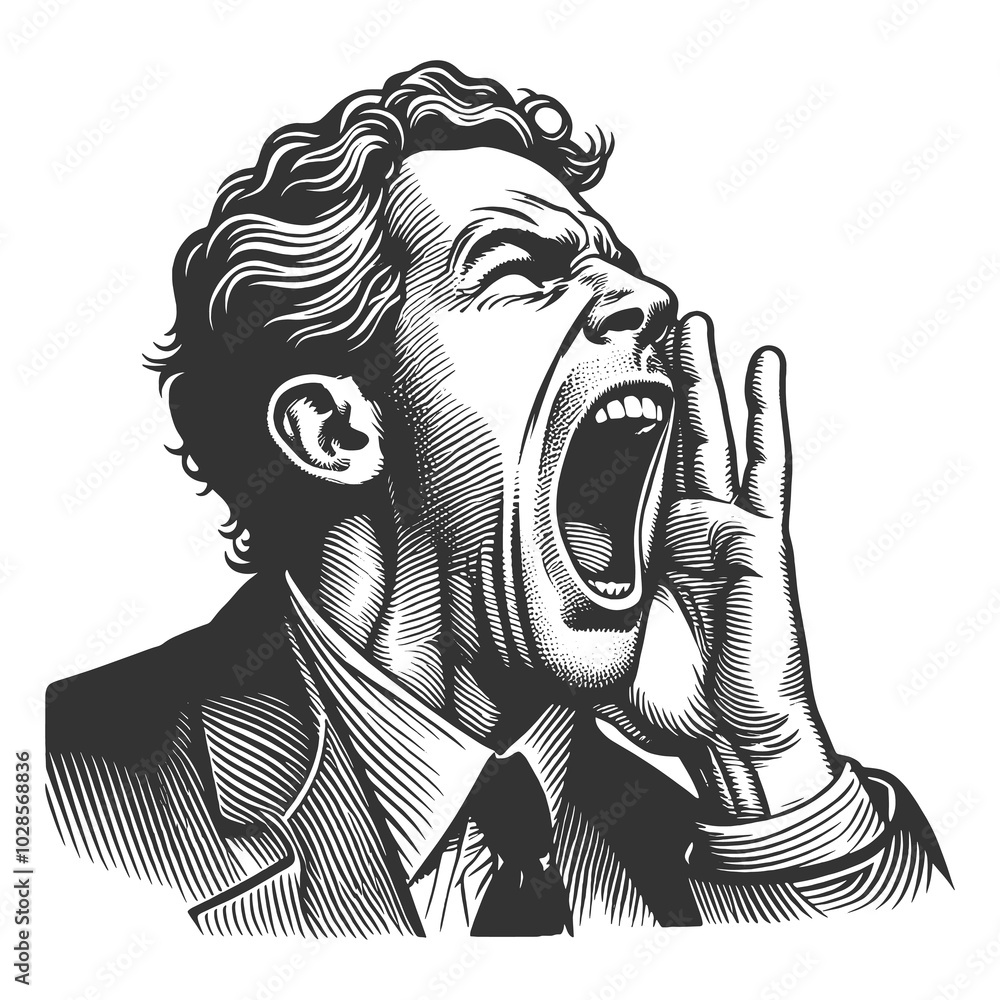 Businessman in suit shouting with his hand to his mouth, urgency or ...