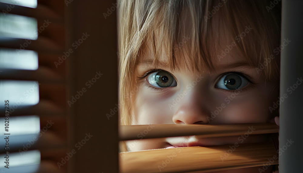 A child peeking through window blinds with curiosity, offering a sense ...