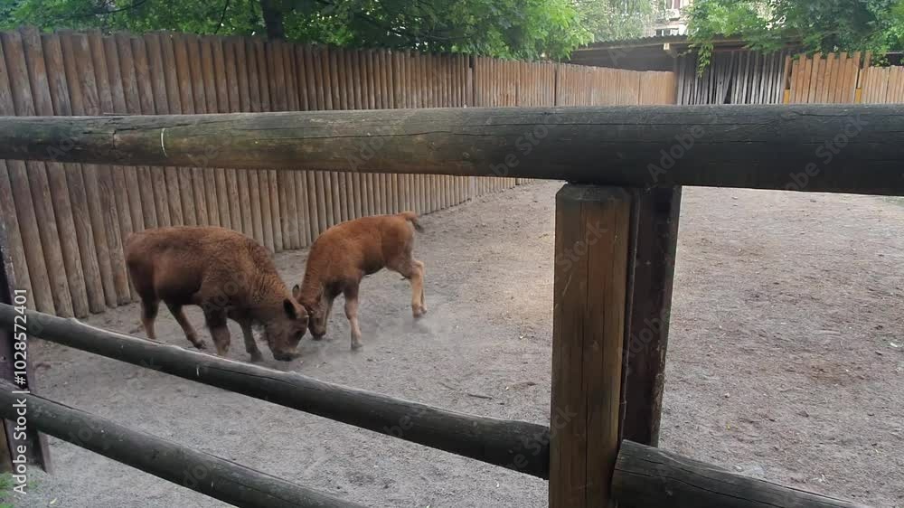 Life of a bison family at the zoo. Little bison play butting in the ...