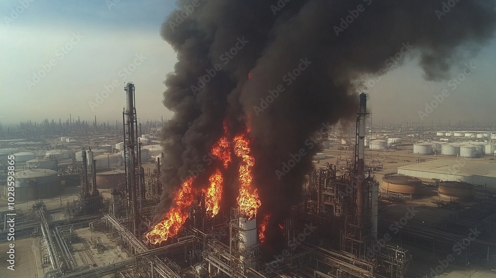 Major fire at an industrial oil refinery with black smoke cloud Stock ...