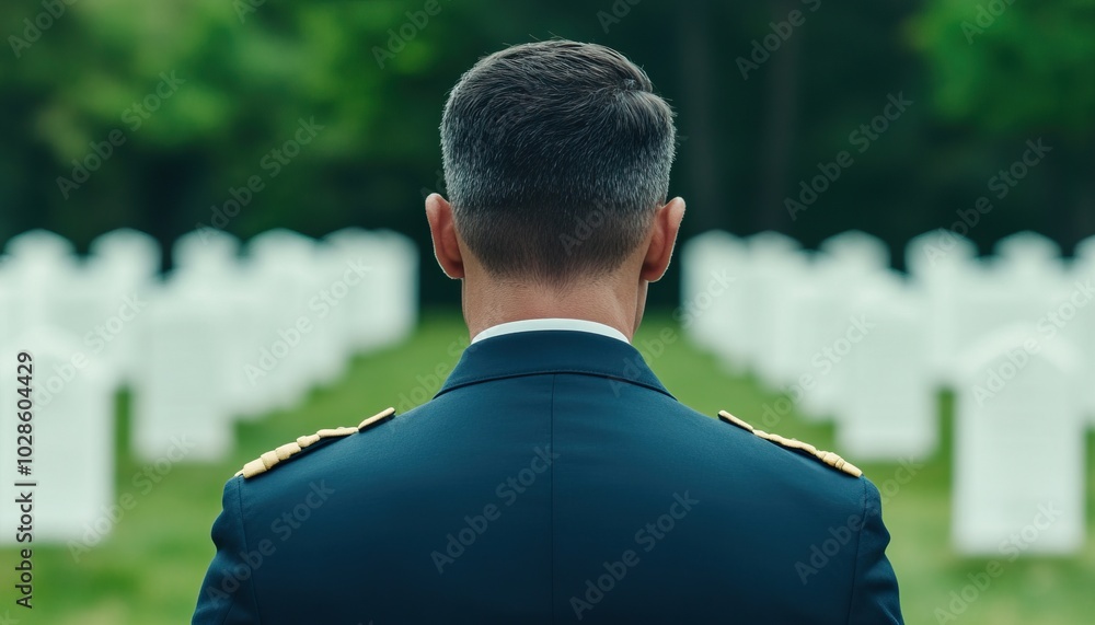 A solemn military officer stands in reflection at a cemetery, honoring ...