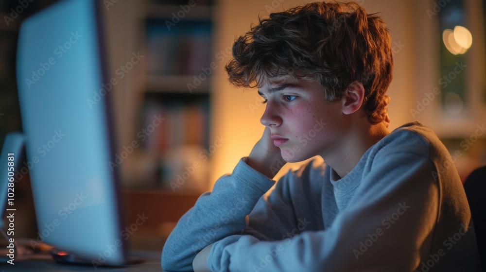 Teenage boy looking stressed while using a computer in a school setting ...