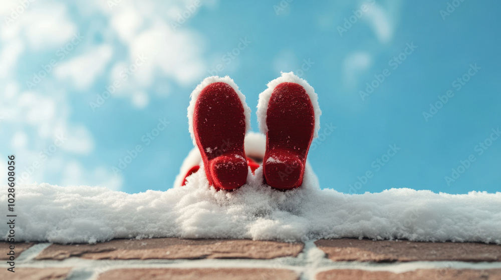 Santas feet are humorously stuck in chimney, with bright red boots ...