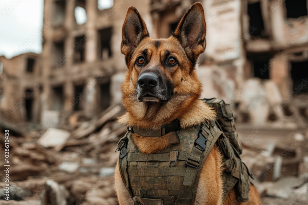 A German shepherd military working dog wearing a uniform and body armor ...