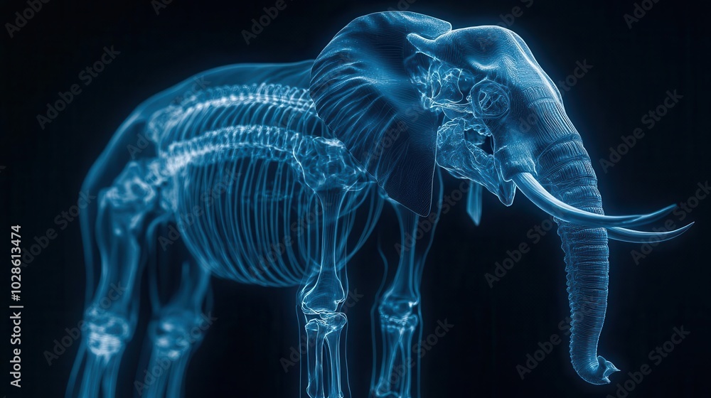 Detailed X-ray of an elephant with glowing skeleton, showing massive ...