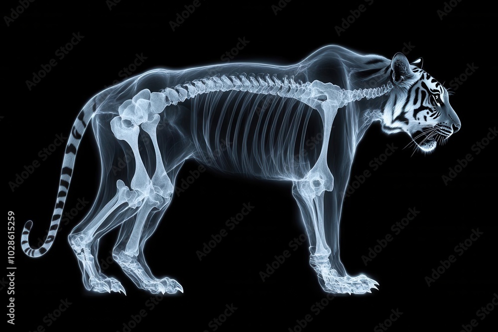 Glowing X-ray of a tiger showing detailed skeletal structure and ...