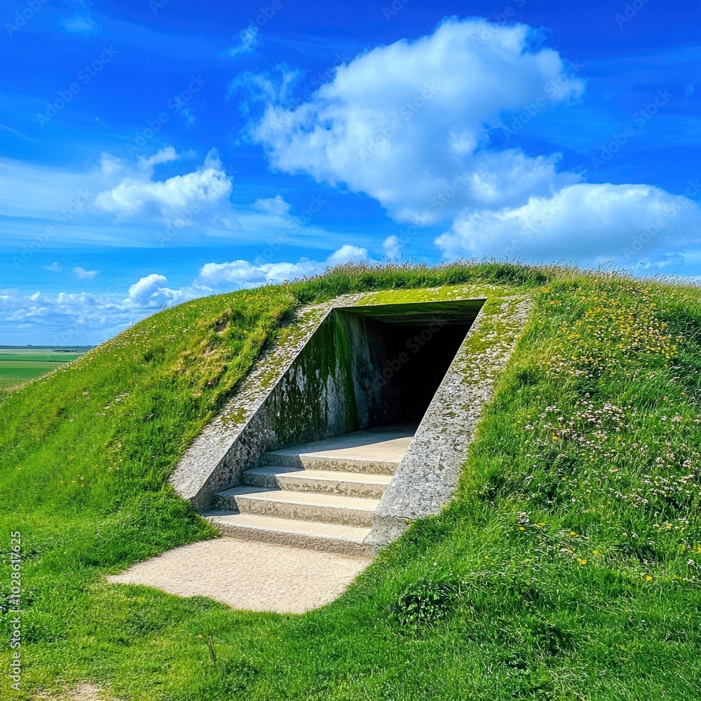 Ancient burial mound entrance with stairs surrounded by lush greenery ...