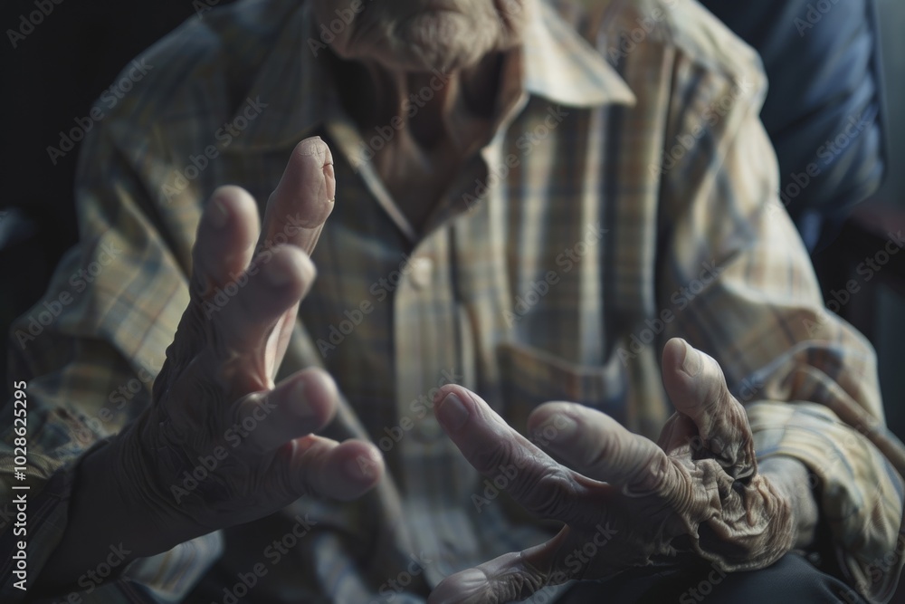 Elderly hands, marked by time, gesture expressively, depicting life’s ...