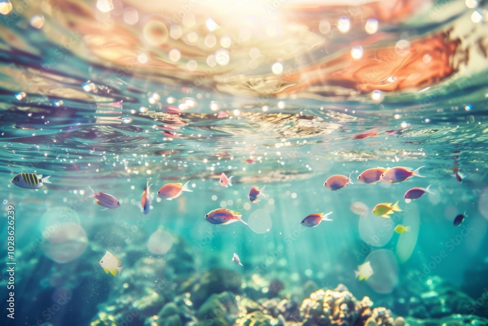 Vibrant fish swim gracefully beneath the shimmering surface, capturing ...