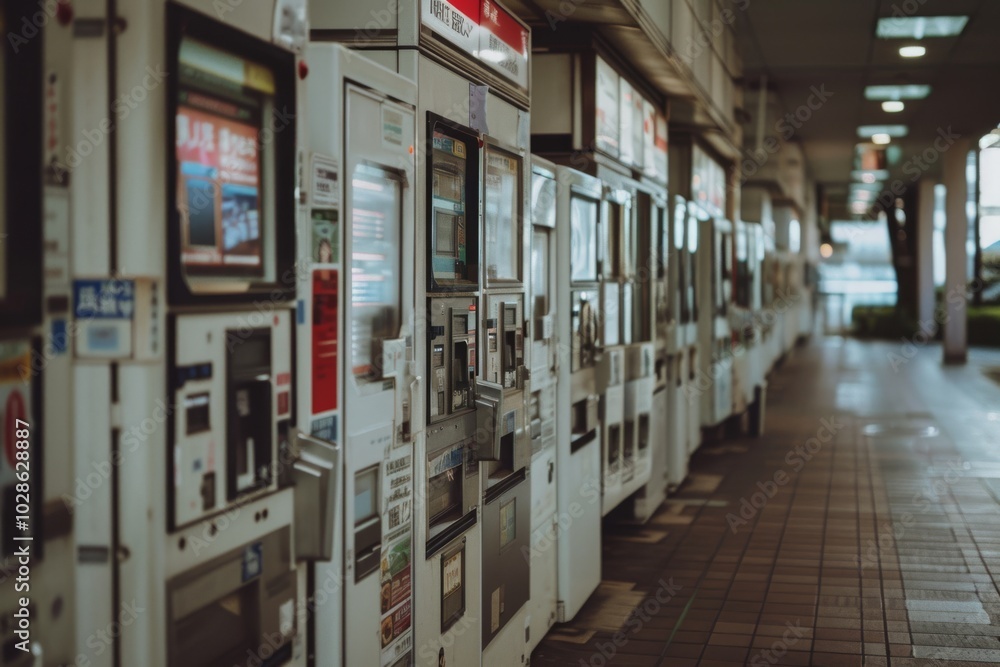 A series of vending machines stand side by side under a shelter ...