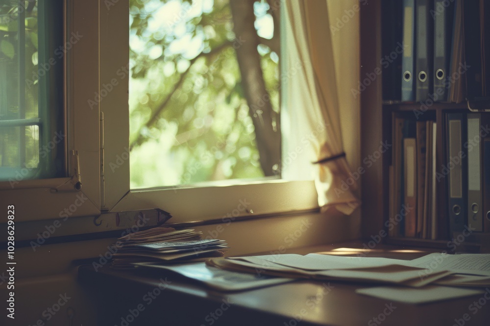 Sunlight streams through an open window, illuminating stacks of papers ...
