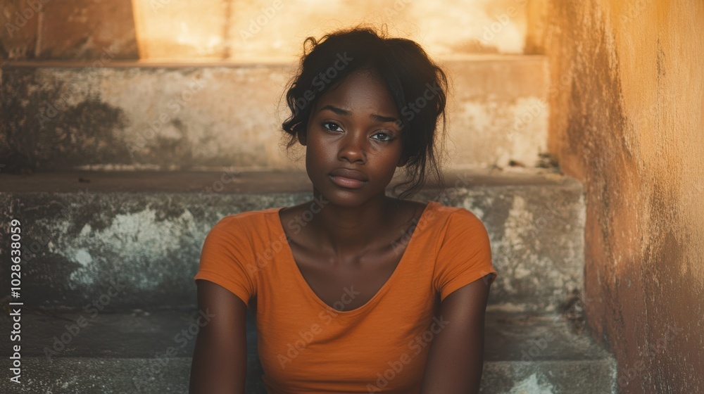 Stock minimalist photograph of a sad black girl sitting on the steps of ...
