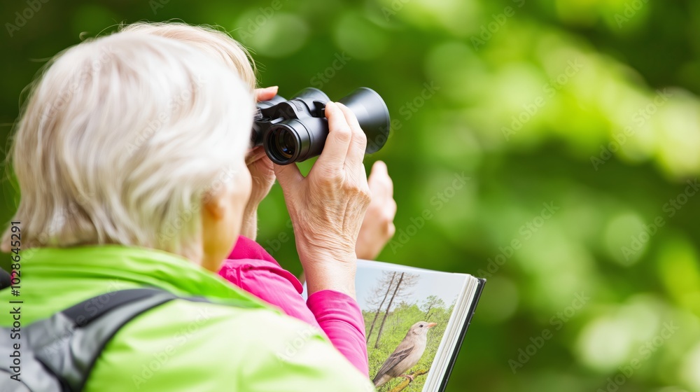 enior woman birdwatching with binoculars and guidebook, outdoor nature ...