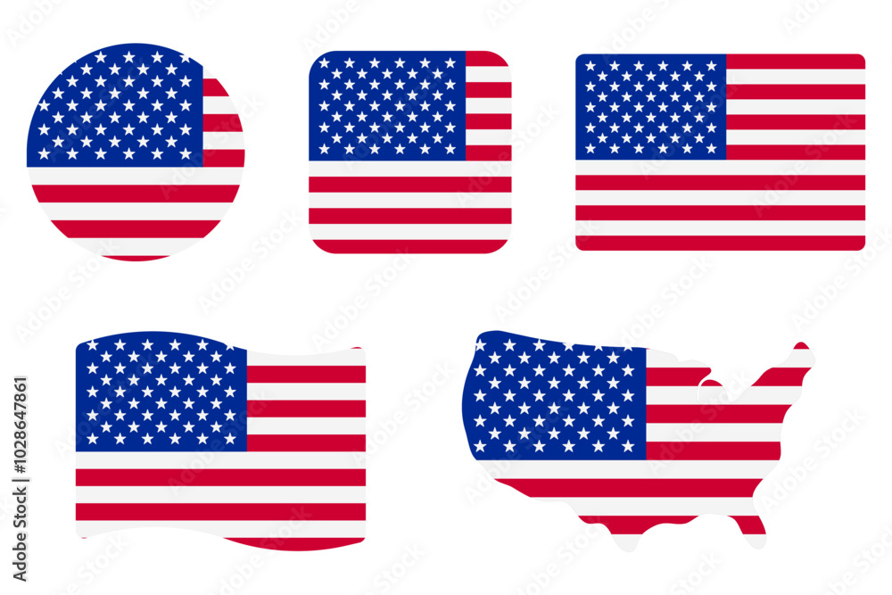 USA flag illustration set. Los Angeles and New York symbol. English ...