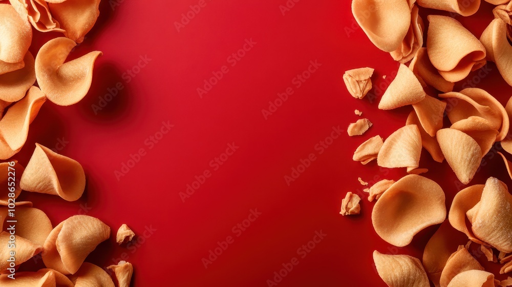 This image shows a collection of crispy snacks scattered across a ...