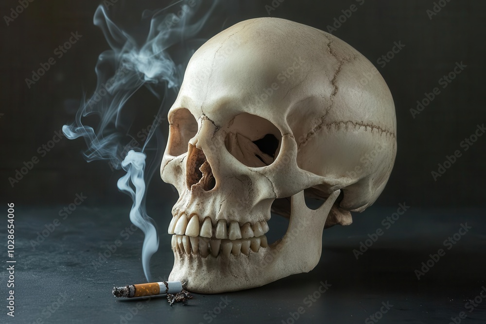 Human skull with cigarette ash falling, smoke rising into the dark with ...