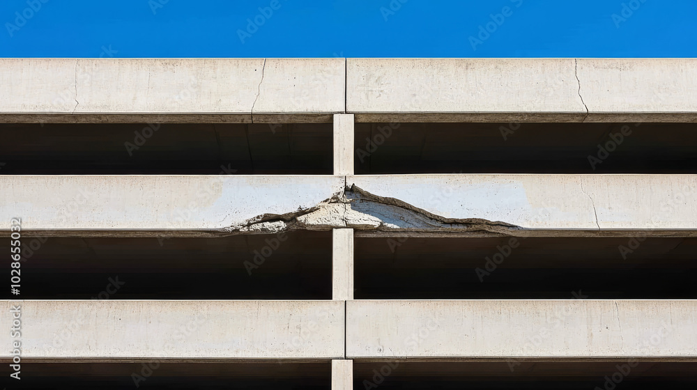 Close-up of a damaged concrete structure with large cracks and visible ...
