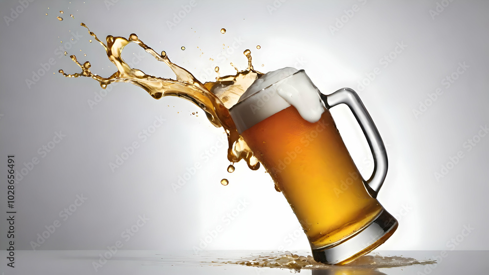 Beer Splash: A refreshing beer mug explodes in a burst of golden liquid ...