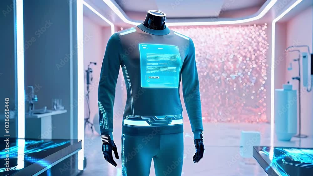 Futuristic mannequin wearing a blue sweater with a digital display on ...