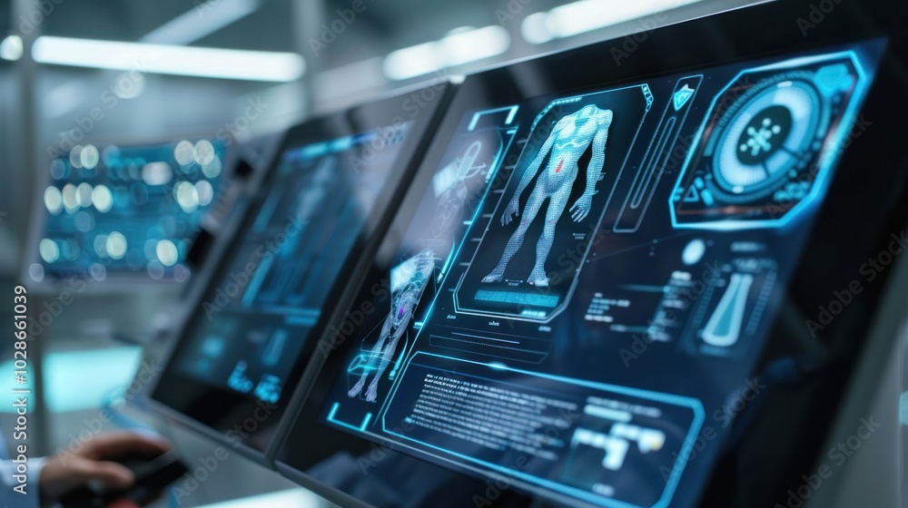 Futuristic Medical Interface Showing a 3D Scan of a Human Body Stock ...