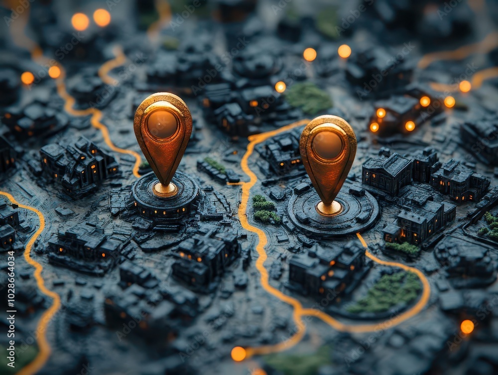 detailed map highlighting a specific location with two vibrant pins ...