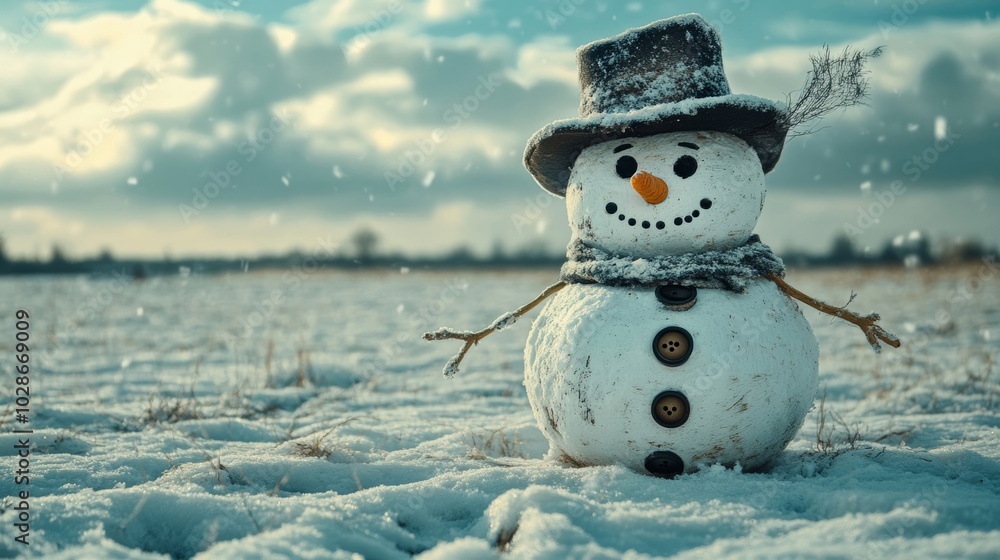 Snowman with his hat blowing off in a gust of wind, standing alone in ...