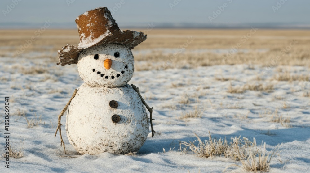 Snowman with his hat blowing off in a gust of wind, standing alone in ...
