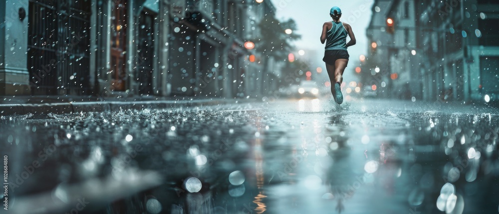 A lone runner embraces the rain on empty streets, captured mid-stride ...