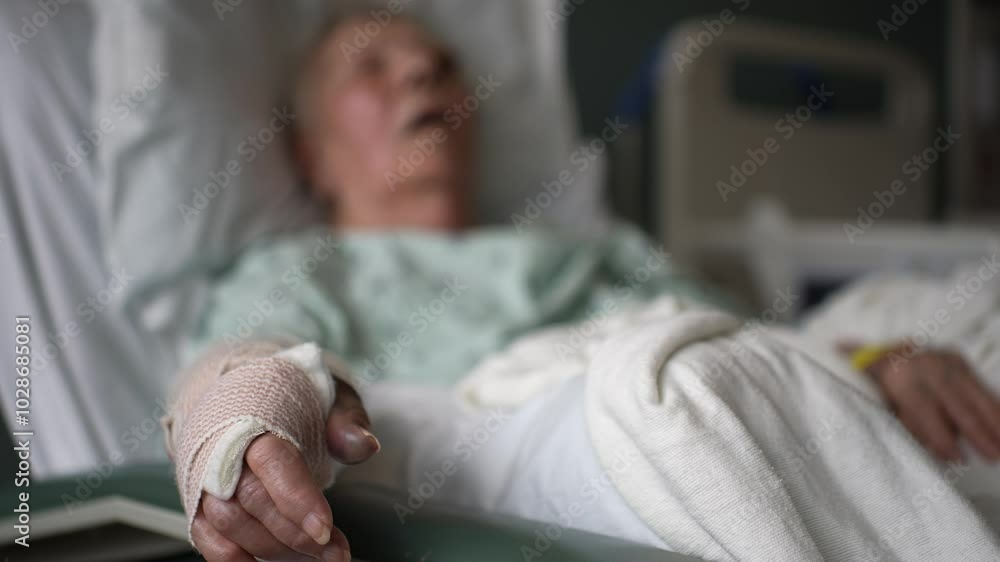 A close-up of an elderly patient's hand bandaged in a hospital bed. The ...