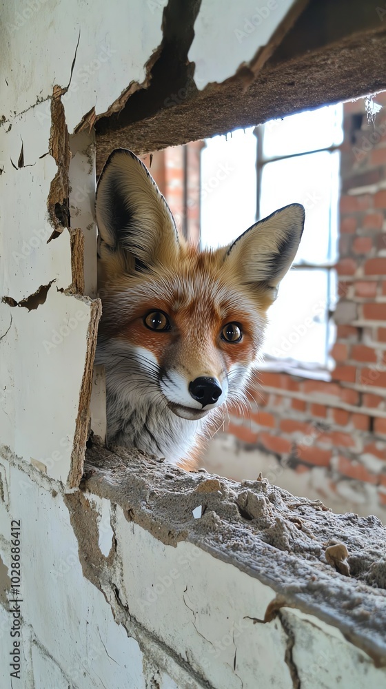 Curious fox peering through a shattered window of a forgotten warehouse ...