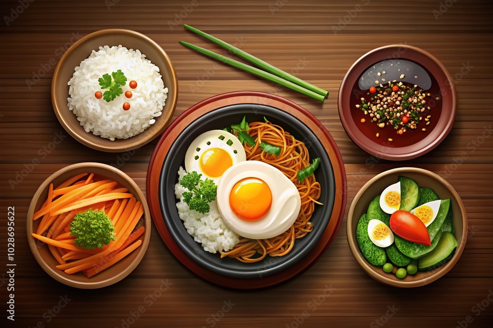 Korean Food Set Menu Illustration Featuring Bibimbap, Tteokbokki, and Kimbap on Soft Brown ...
