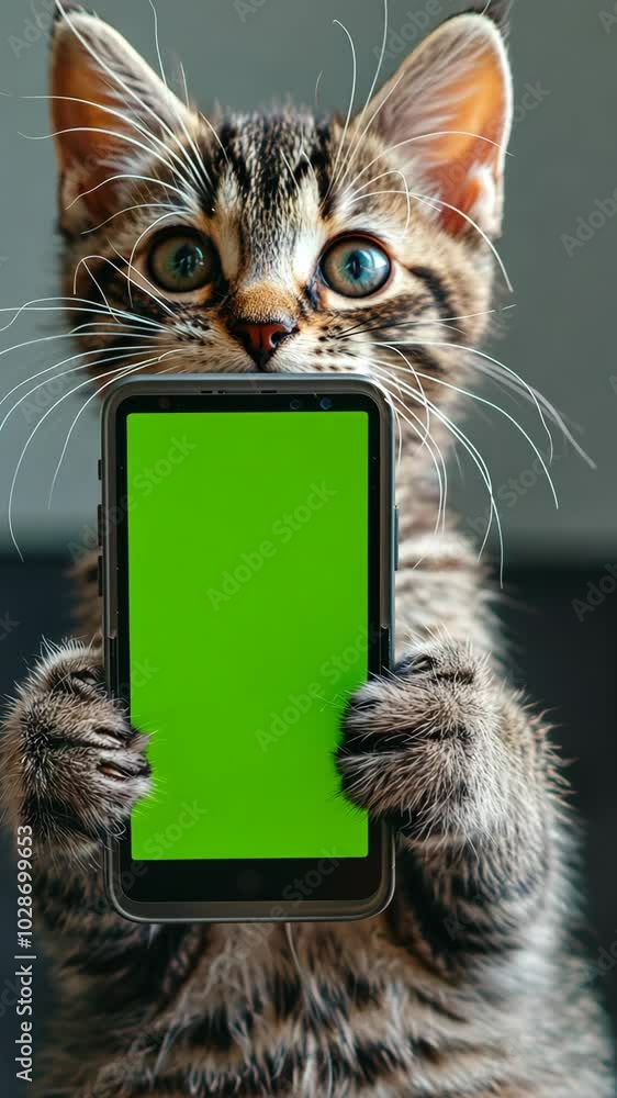 Cat portrait paw holding chroma key phone, touching, clicking, tapping ...