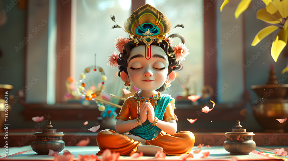 An artistic representation of Lord Krishna's childhood pastimes, with a ...