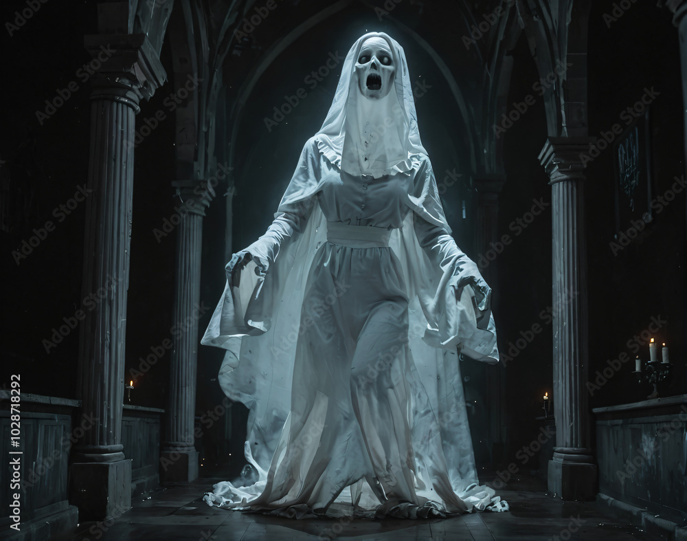 a ghost in a white gown and mask in a dark room with columns and arches ...