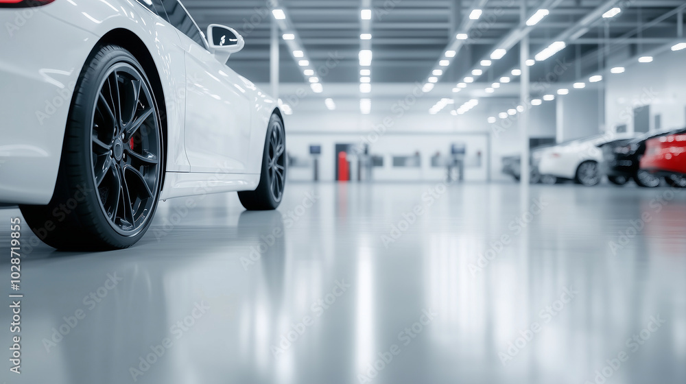 The empty interior of a pristine car repair center, with spotless ...