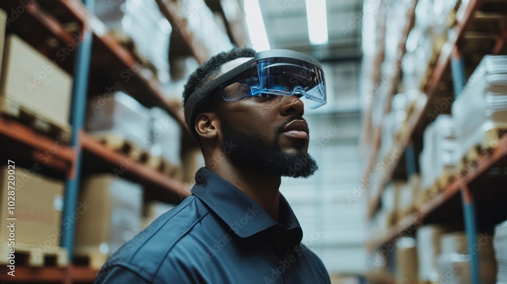 A warehouse employee using AR glasses for guided picking, efficient ...