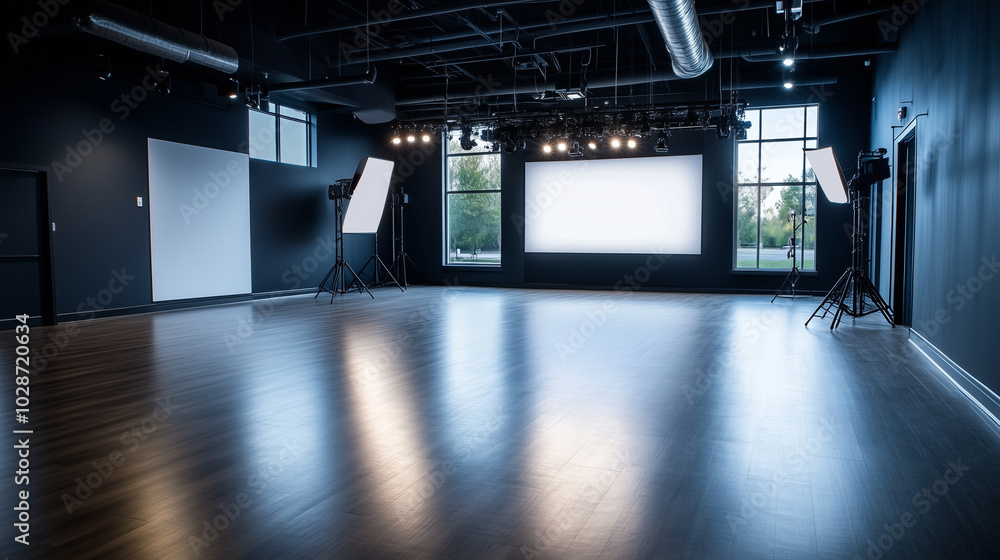 A modern photography studio with a full lighting rig of softboxes ...