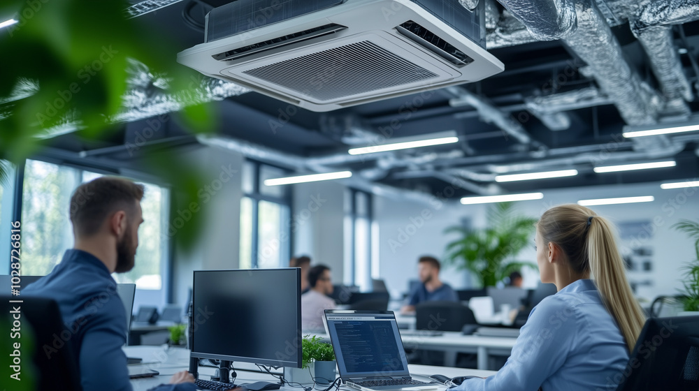 A detailed look at a modern ceiling-mounted air conditioner in an open ...