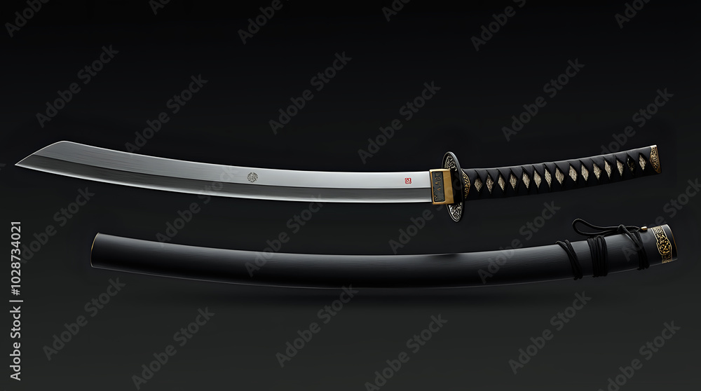 A traditional Japanese katana featuring a curved, single-edged blade ...