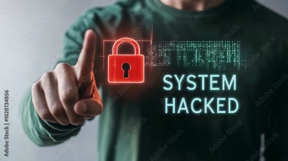 Cybersecurity breach alert: Red lock icon with System Hacked ...